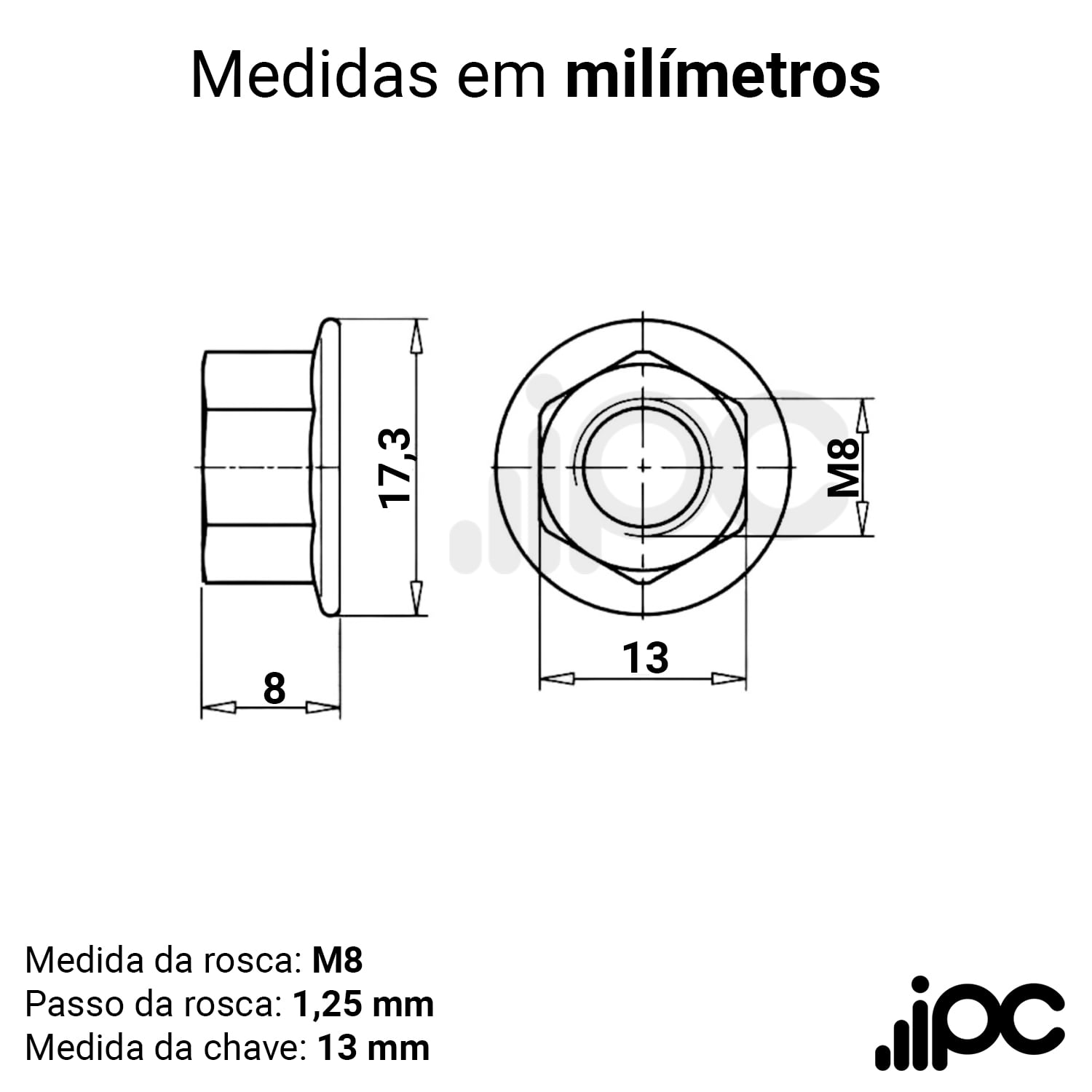 Kit Porca Sextavada M8 com Flange - Passo da Rosca 1,25 - Chave 13 ...