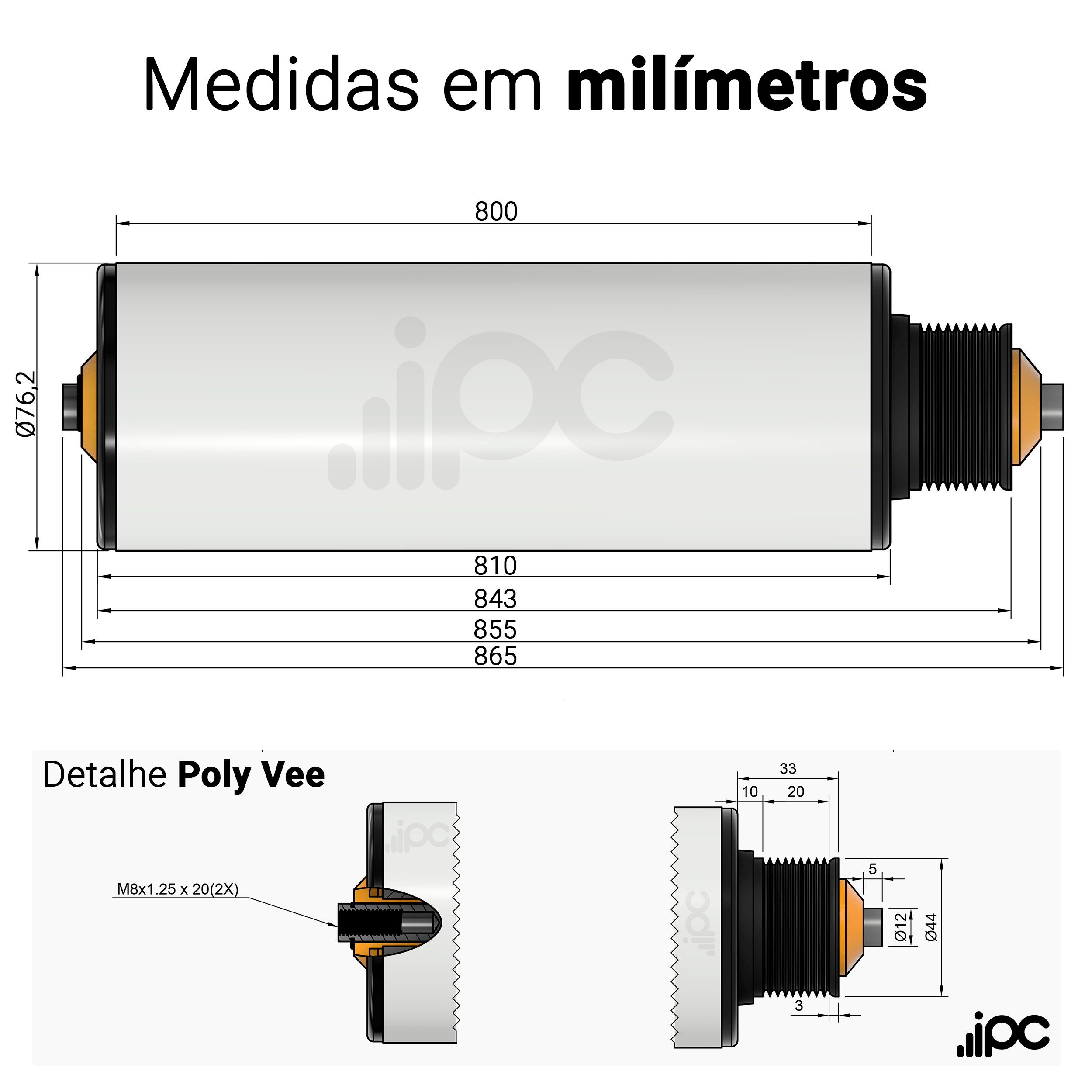 Rolete de PVC acionado - Poly Vee - Diâmetro de 76,2 mm - Comprimento ...