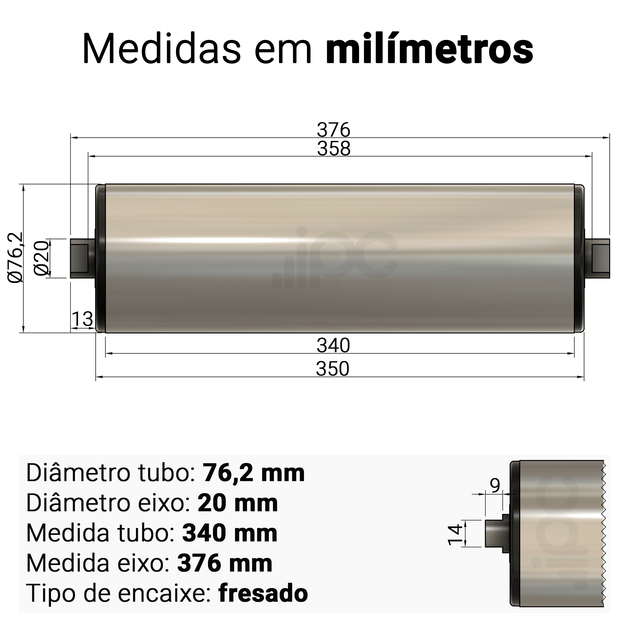 Rolete de Carga - Diâmetro 76,2 mm - Comprimento útil 350 mm
