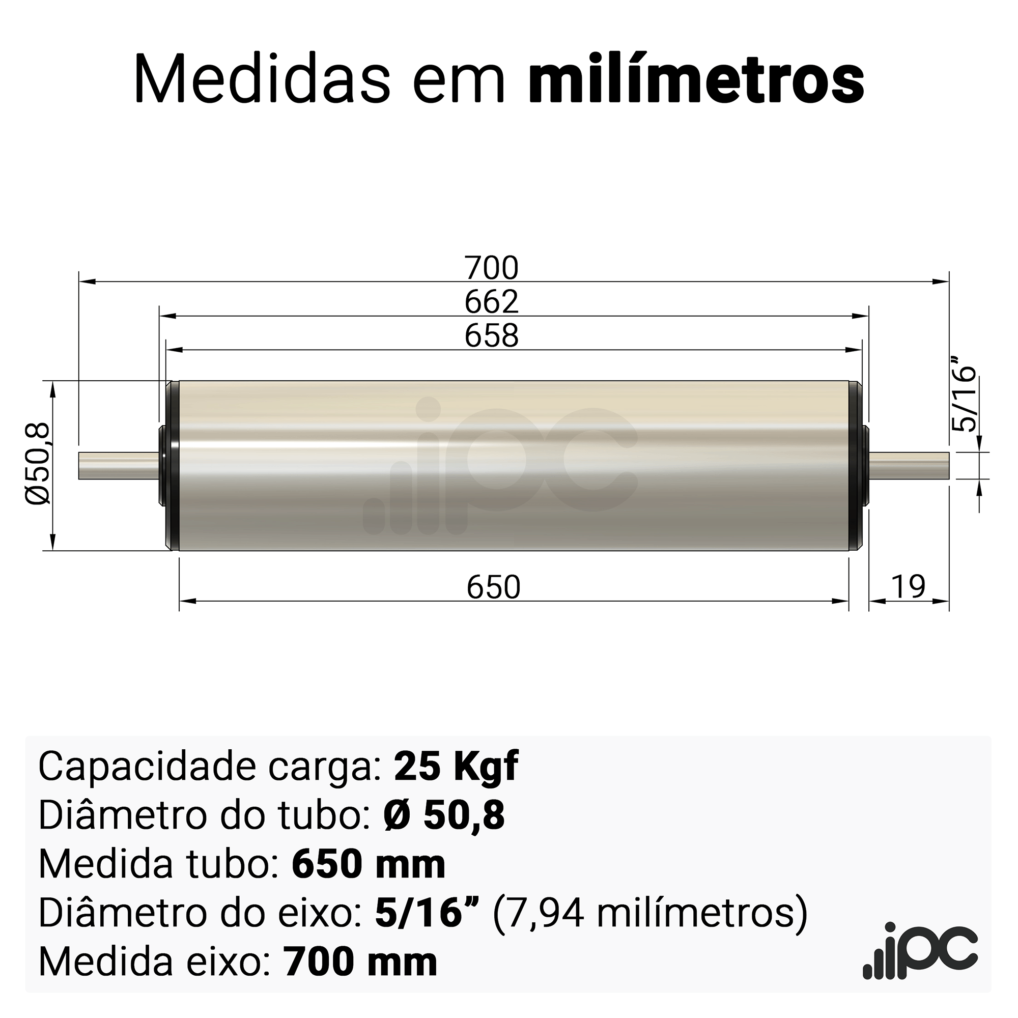 Rolete de Alumínio Bucha Seca 50,8 mm × 650 mm | IPC Comercial