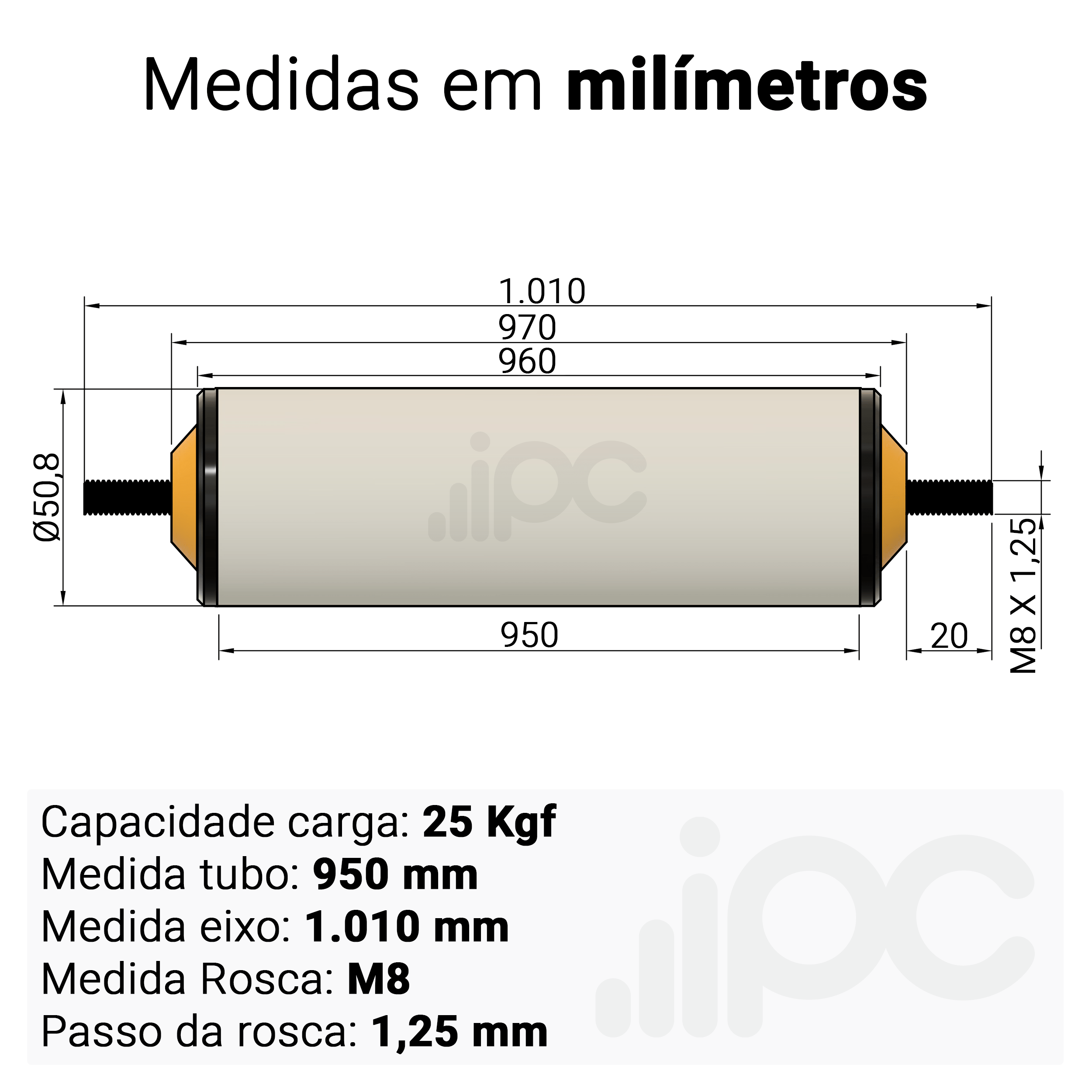 Rolete de PVC - Diâmetro 50,8 mm - Comprimento útil de 950 mm - Fixação ...